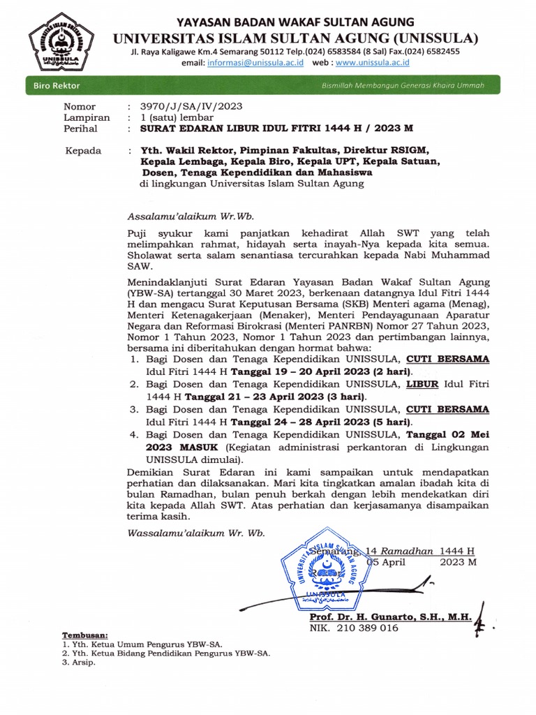 Surat Edaran Libur Idul Fitri 1444 H + Stempel | PDF