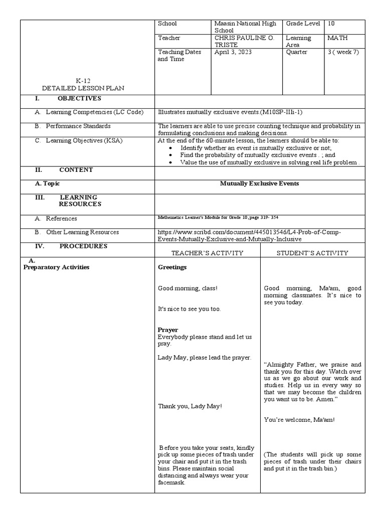 Lesson Plan F3 7 | PDF | Probability | Learning