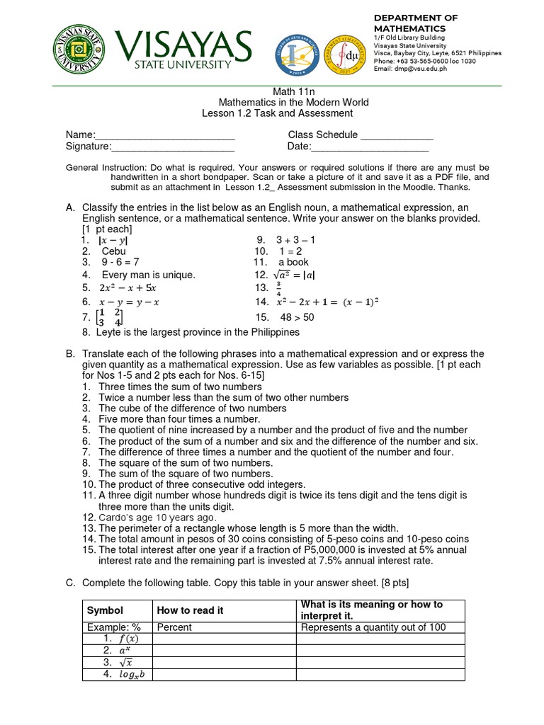 Math11n - Lesson 1.2 Assessment - 1sem22-23 | PDF | Numbers ...
