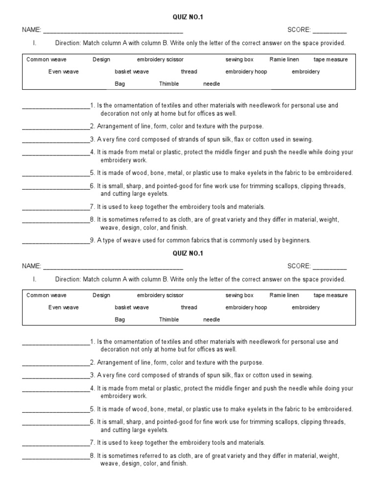 Quiz No.1-Tle | PDF | Embroidery | Yarn