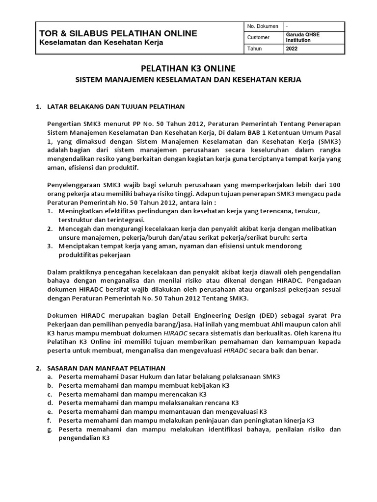 TOR & Silabus Training SMK3 - GSI - Jan 2022 | PDF