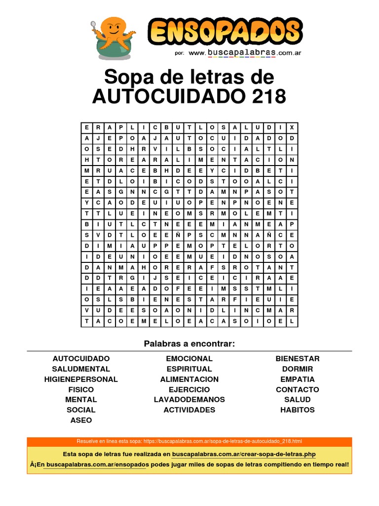 Sopa de letras sobre autocuidado | PDF | Sicología