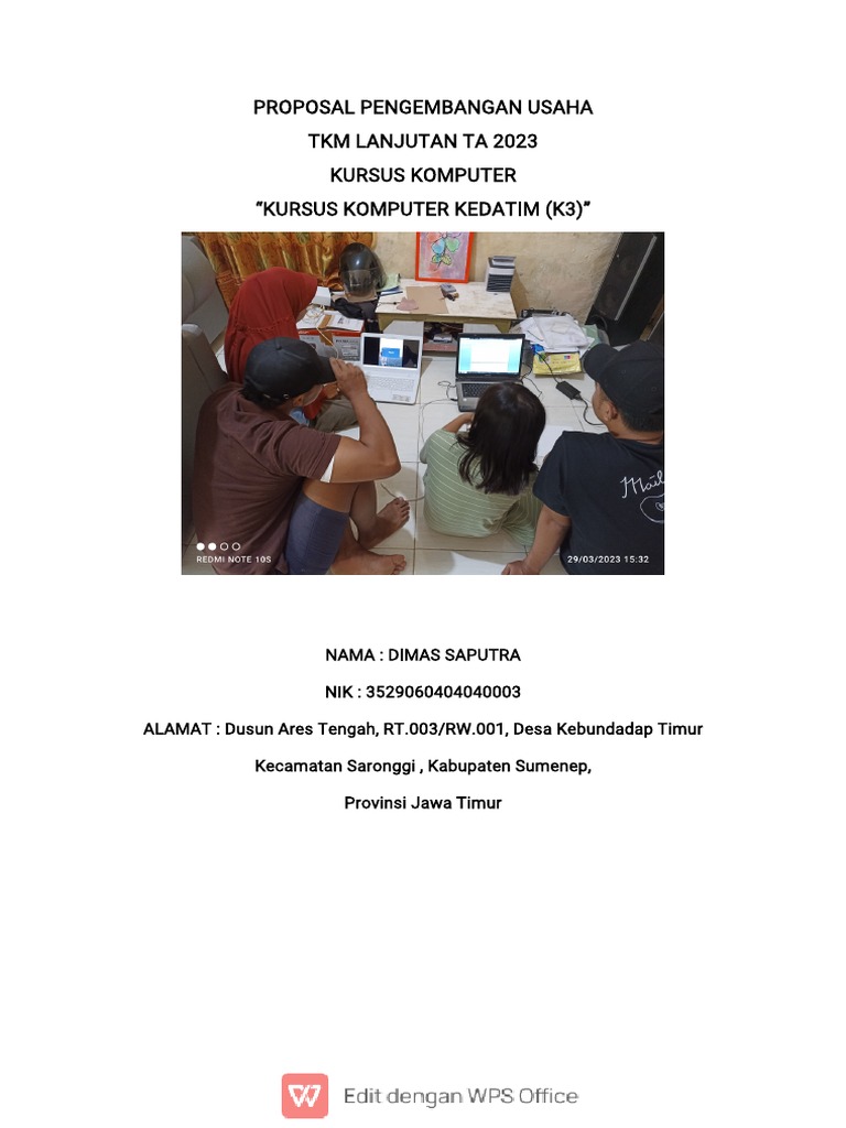 Proposal Pengembangan Usaha TKM Lanjutan Ta 2023 Kursus Komputer "Kursus Komputer Kedatim (K3 ...