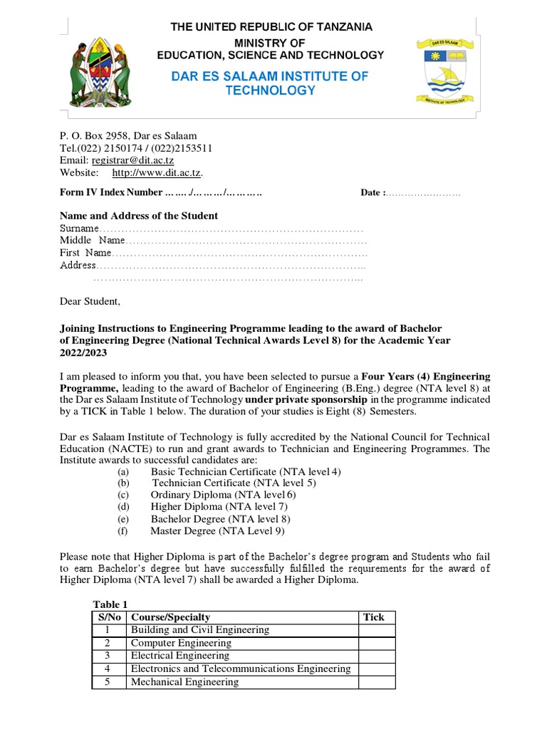 Joining Instruction 4 Years 22 23 | Download Free PDF | Fee | Diploma