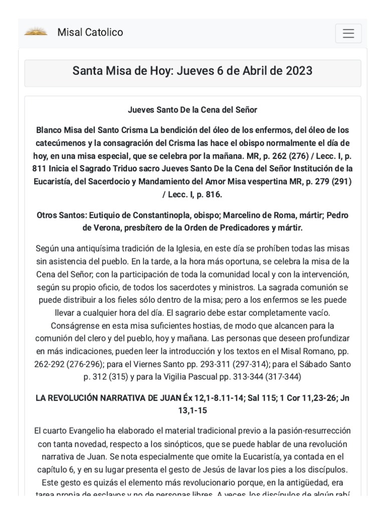 Santa Misa Hoy Jueves 6 de Abril de 2023 Misal Catolico | PDF | eucaristía | Misa (liturgia)