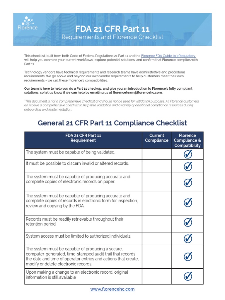 Florence FDA 21 CFR Part 11 Checklist | PDF | Records Management ...