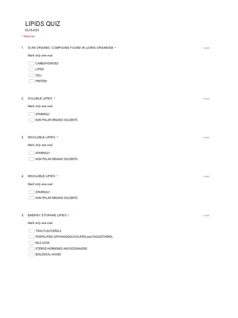 LIPIDS QUIZ - Google Forms | PDF | Cell Membrane | Fat