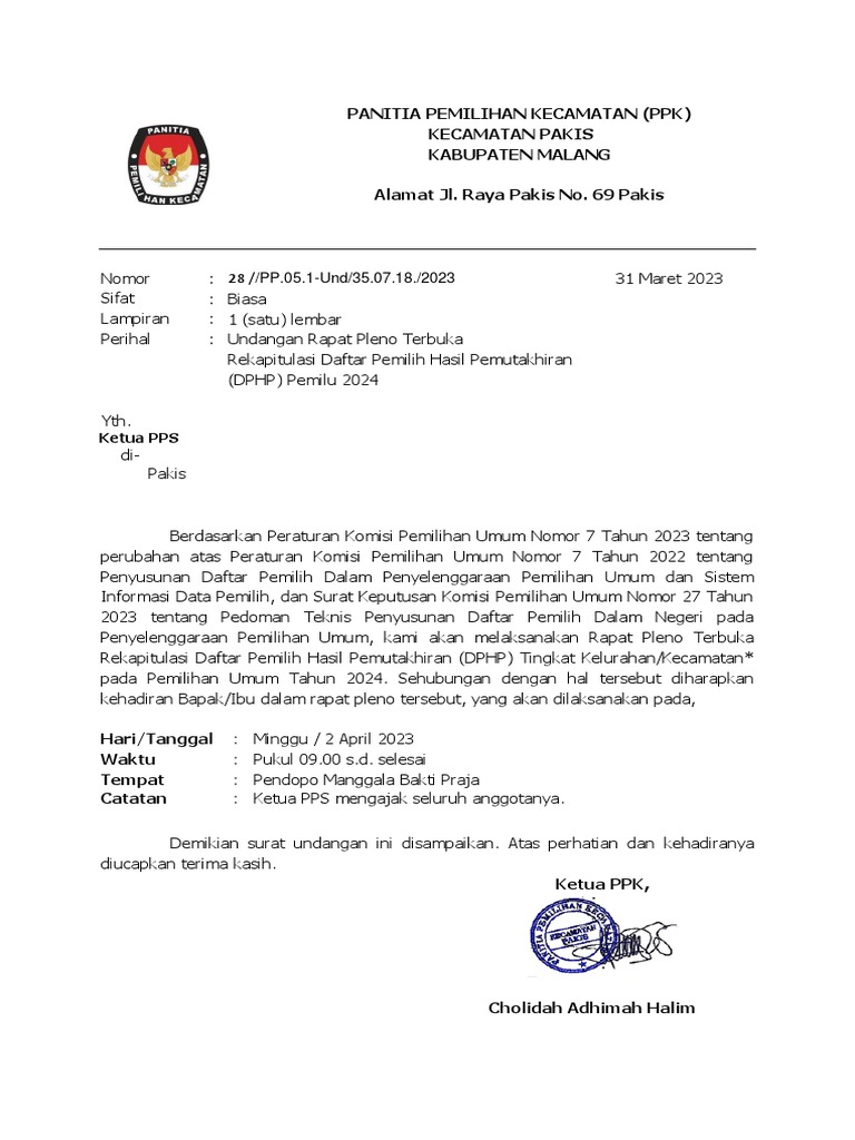 Undangan Rapat Pleno DPHP Pemilu 2024 | PDF