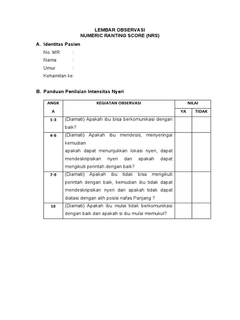 Lembar Observasi Numeric Ranting Score (NRS) A. Identitas Pasien | PDF