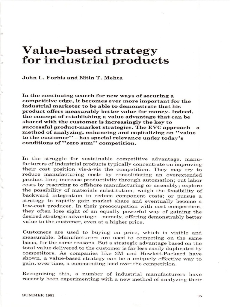 Value-Based Strategy For Industrial Products: John L. Forbis and T. Mehta | PDF | Product ...