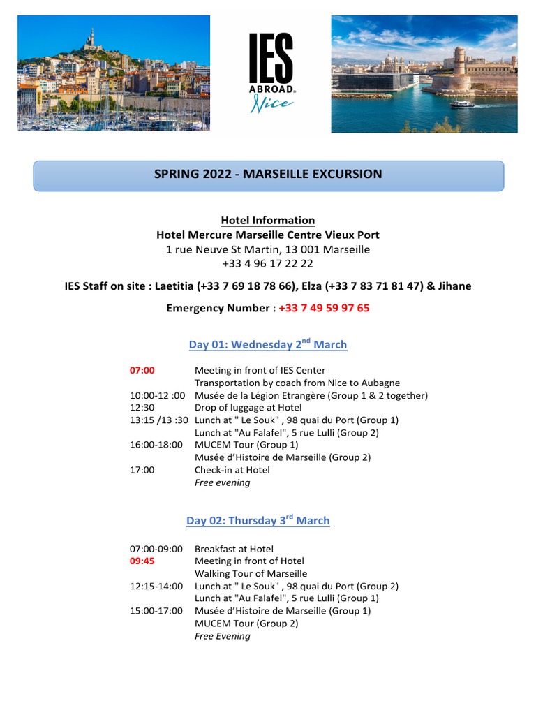 Spring 2022 - Marseille Excursion Itinerary | PDF