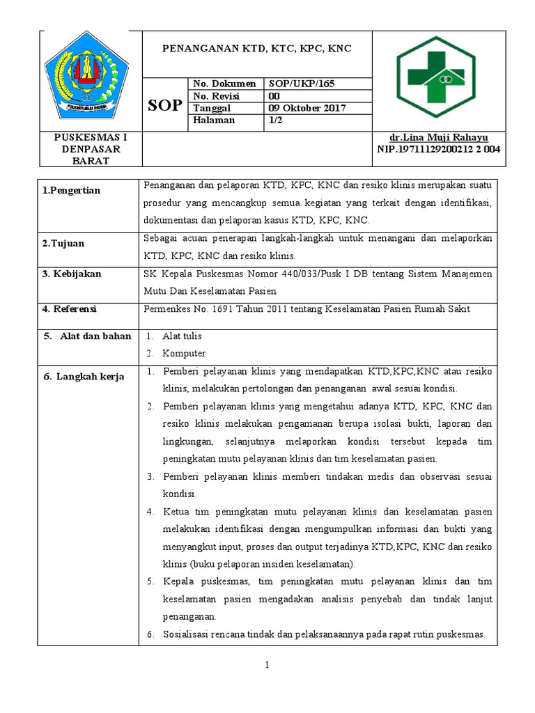 9.1.1.6 Sop Penanganan KTD, KTC, KPC, KNC | PDF