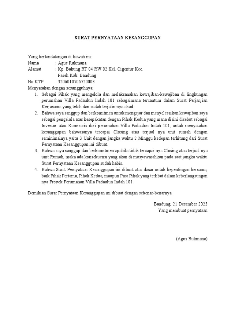 SURAT KESANGGUPAN | PDF