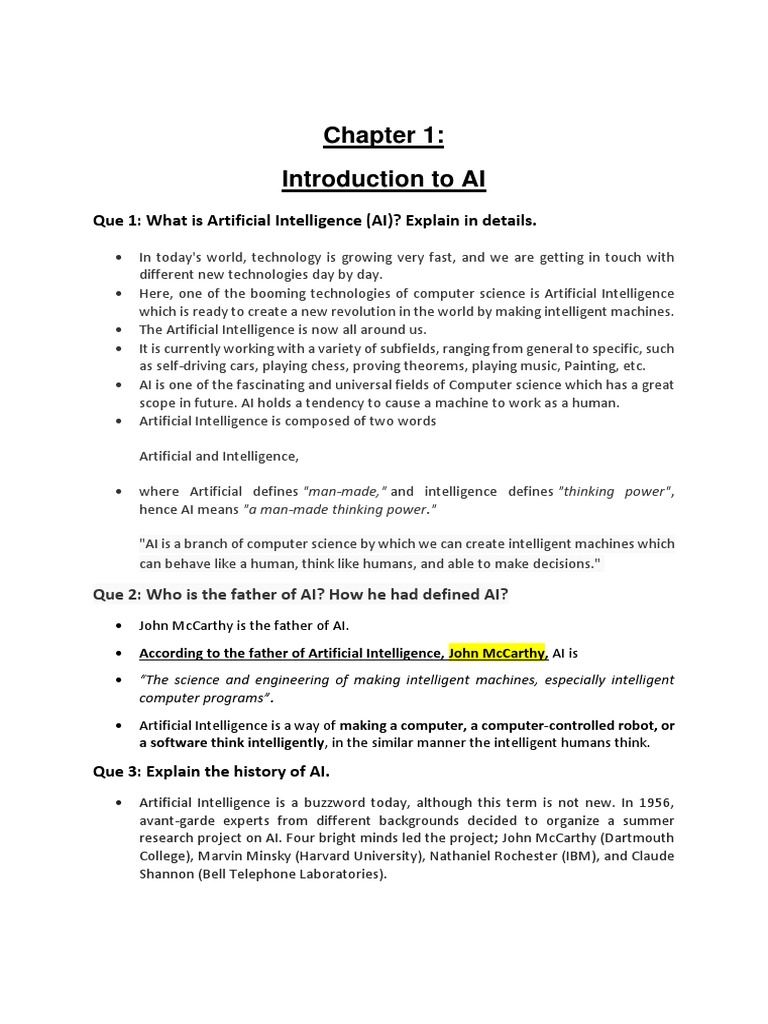 Introduction To AI: Que 1: What Is Artificial Intelligence (AI) ? Explain in Details | PDF ...