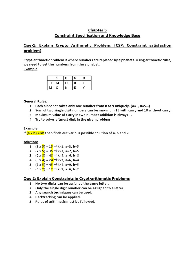 Constraint Specification and Knowledge Base Que-1: Explain Crypto Arithmetic Problem: (CSP ...