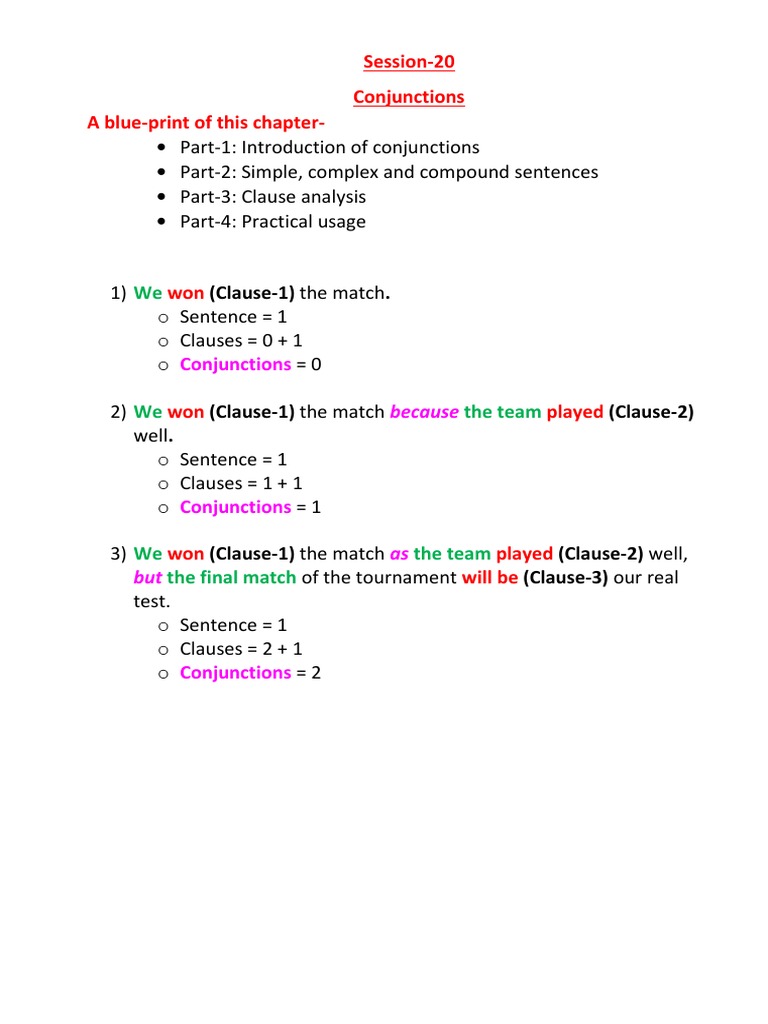 Session-20 Conjunctions A Blue-Print of This Chapter-: (Clause-1) | PDF ...