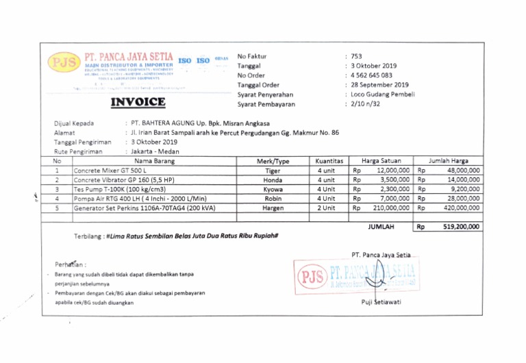 Invoice Pembelian Alat Berat Panca Jaya | PDF