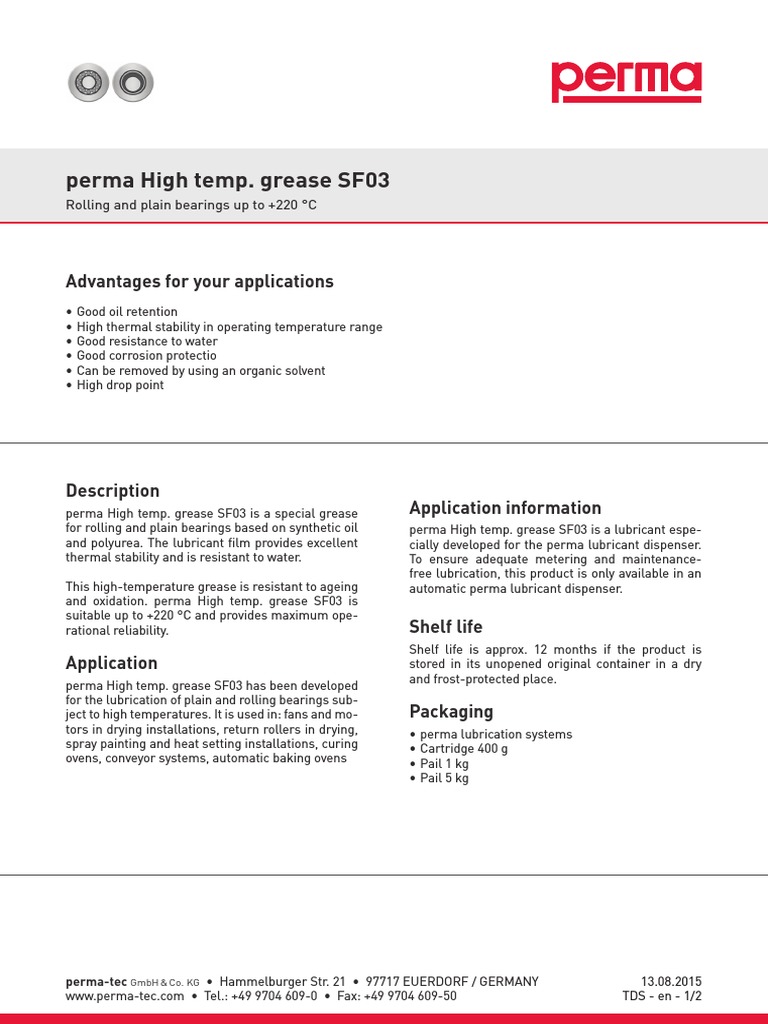Perma High Temp Grease SF03 TDS en | PDF | Lubricant | Materials