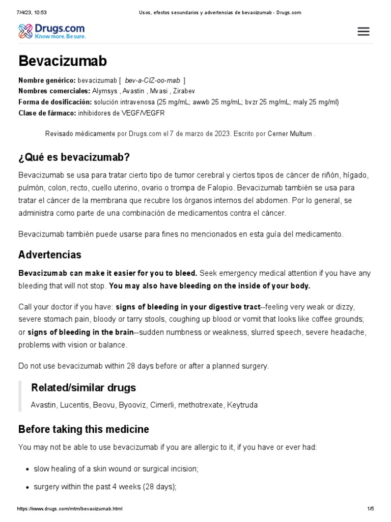 Usos, efectos secundarios y advertencias de bevacizumab - Drugs.com ...