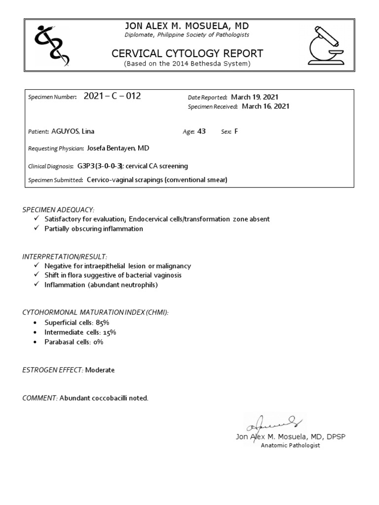 Cervical Cytology Report: Jon Alex M. Mosuela, MD | PDF