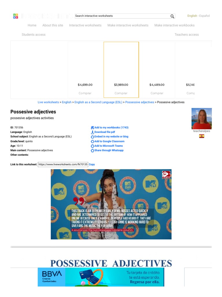 Possesive adjectives interactive activity | PDF | English As A Second Or Foreign Language ...
