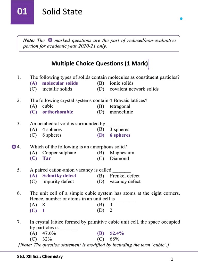 Solid State: Multiple Choice Questions (1 Mark) | PDF | Osmosis | Magnetism