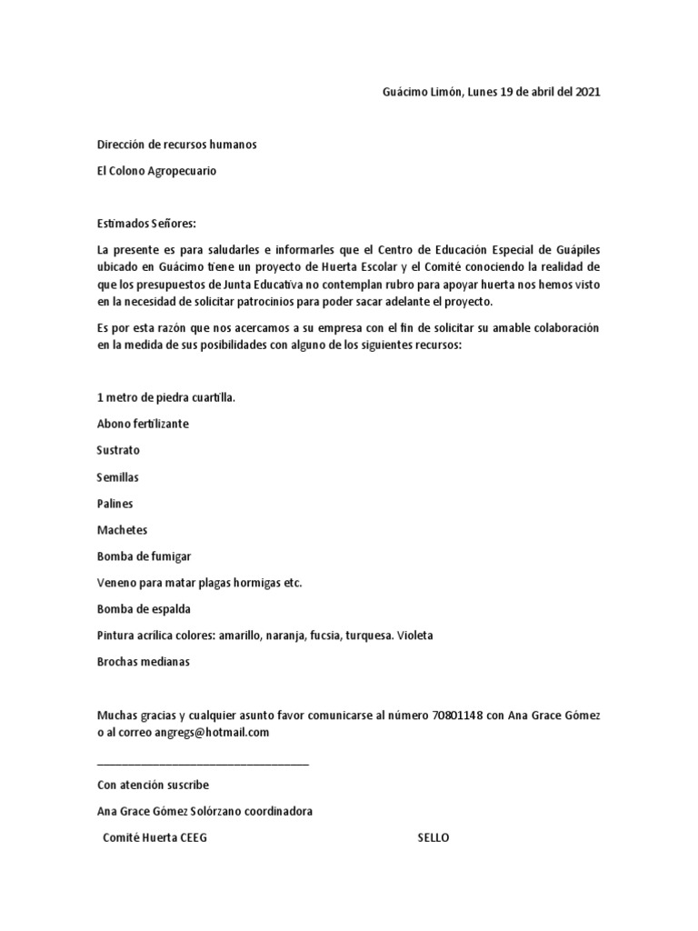 Carta para Solicitar Insumos | PDF | Tecnicas artisticas