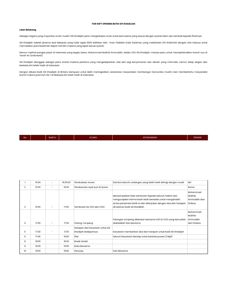 Tor Dan Rundown Soft Opening Butik Siti Khadijah | PDF