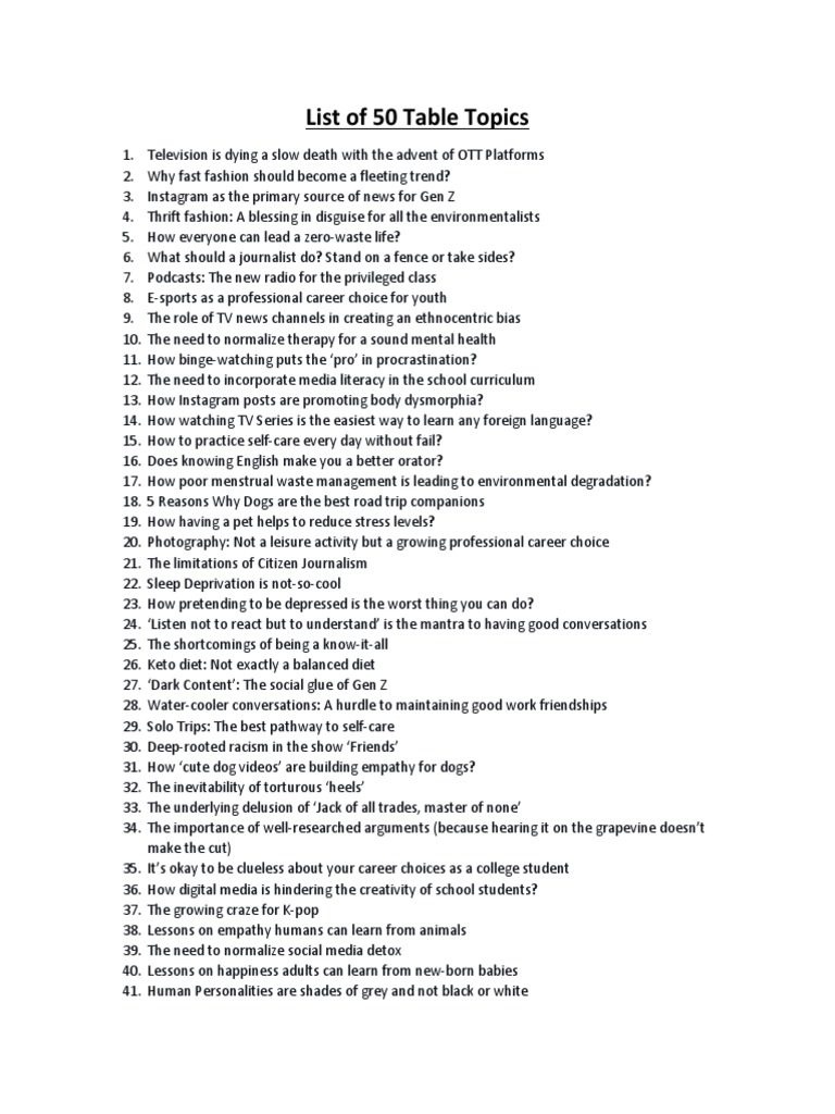 List of 50 Table Topics | PDF | Career & Growth | Social Science