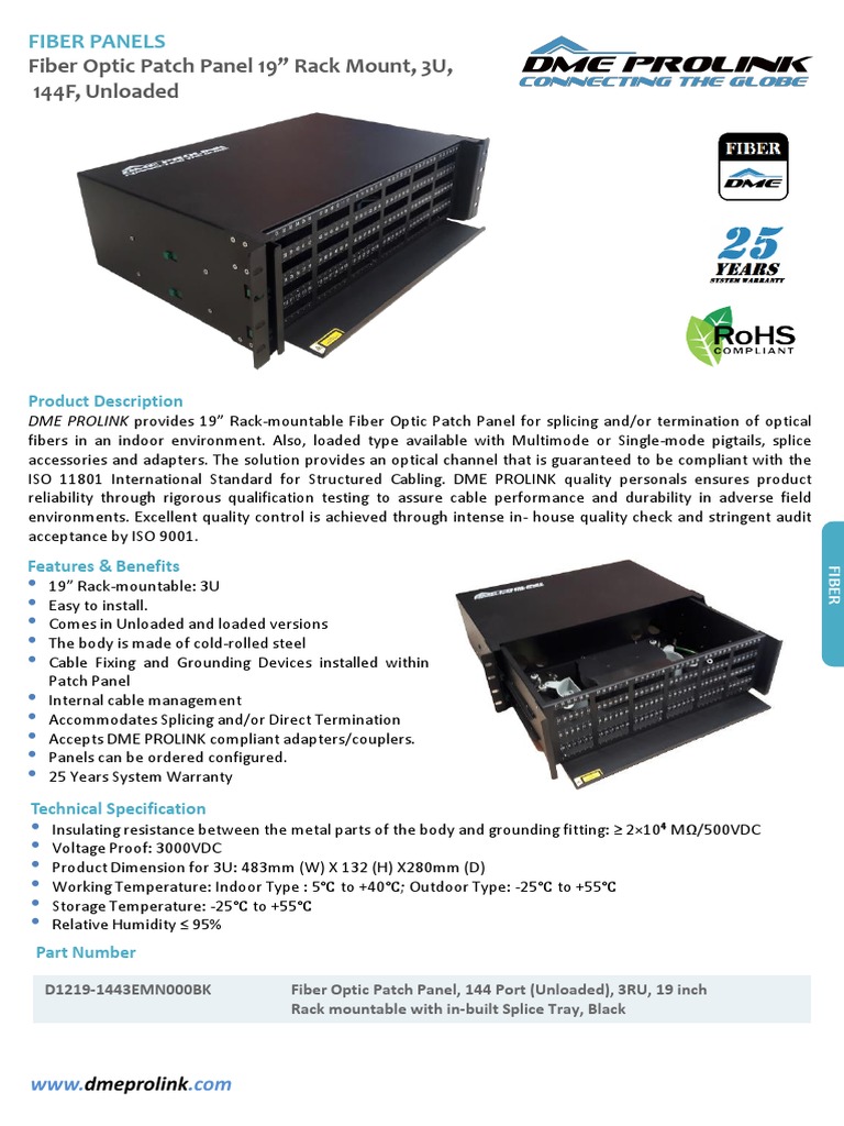 7 DME PROLINK FO Patch Panel 144 Port Unloaded 3RU 19 Rack Mounted | PDF