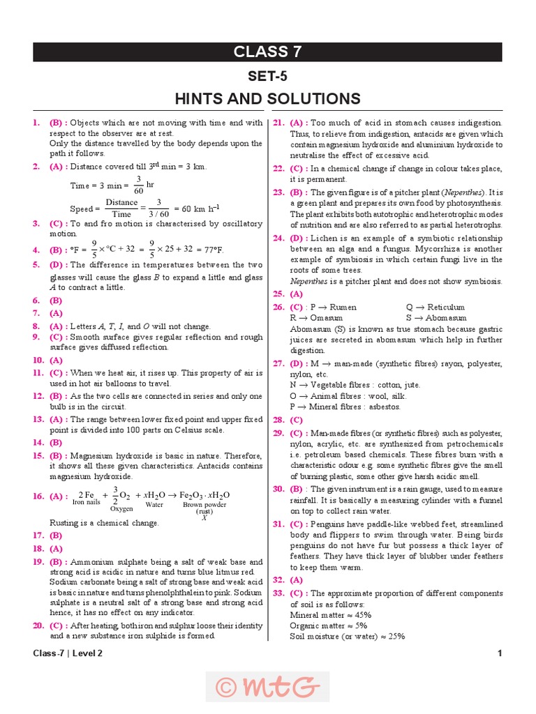 Nso Level2 Solution Class 7 Set 5 | PDF | Carbon Dioxide | Fibers