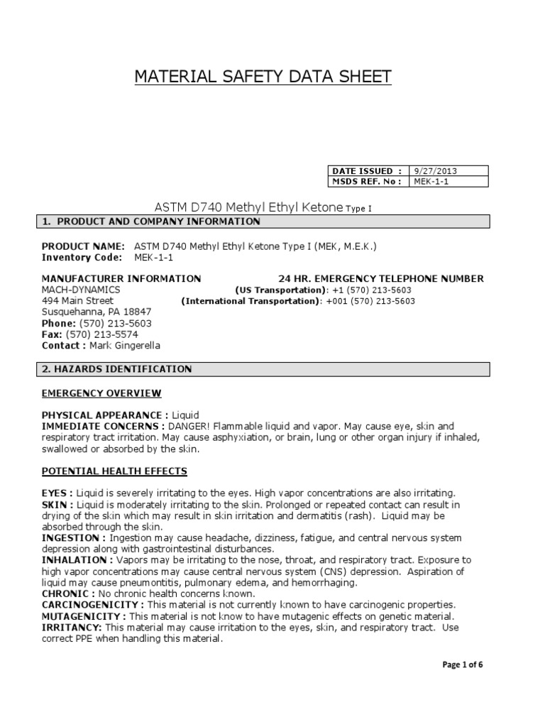 Msds - MEK 1 1 | PDF | Personal Protective Equipment | Volatile Organic ...