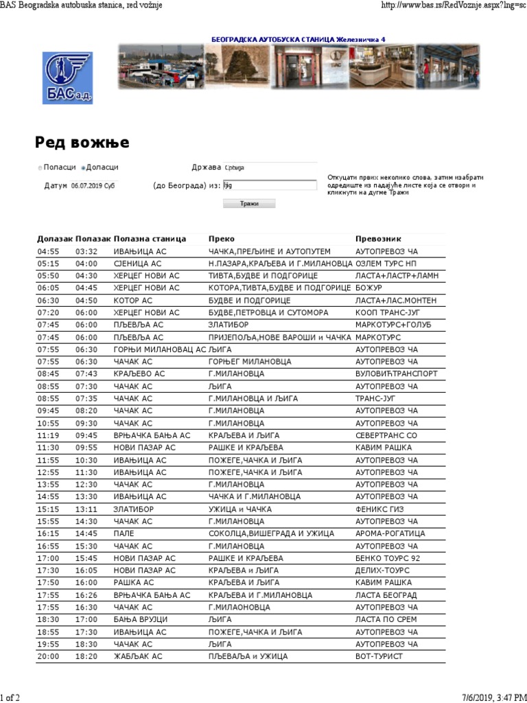 BAS Beogradska Autobuska Stanica, Red Vožnje Dolasci | PDF
