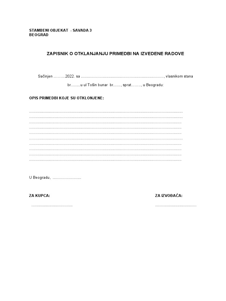 Zapisnik O Otklanjanju Primedbi Na Izvedene Radove: Stambeni Objekat - Savada 3 Beograd | PDF