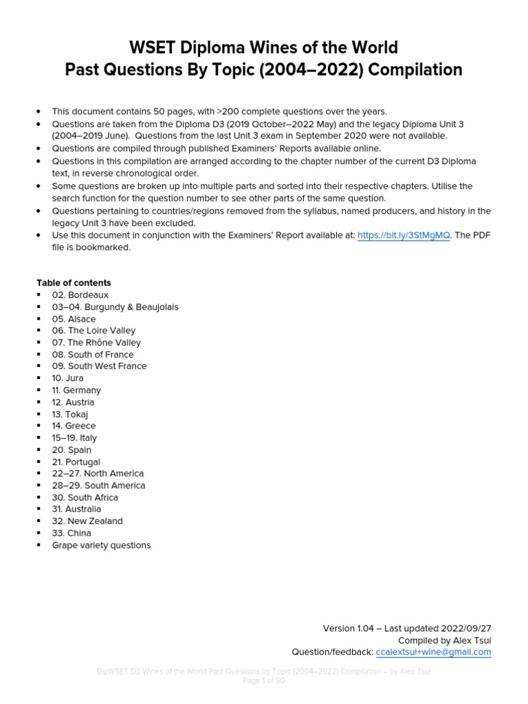 WSET Diploma Wines of The World Past Questions by Topic (2004-2022) Compilation | PDF | Grape ...