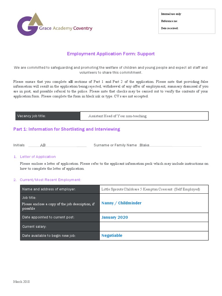 Employment Application for a Support Role: A Committed and Experienced ...
