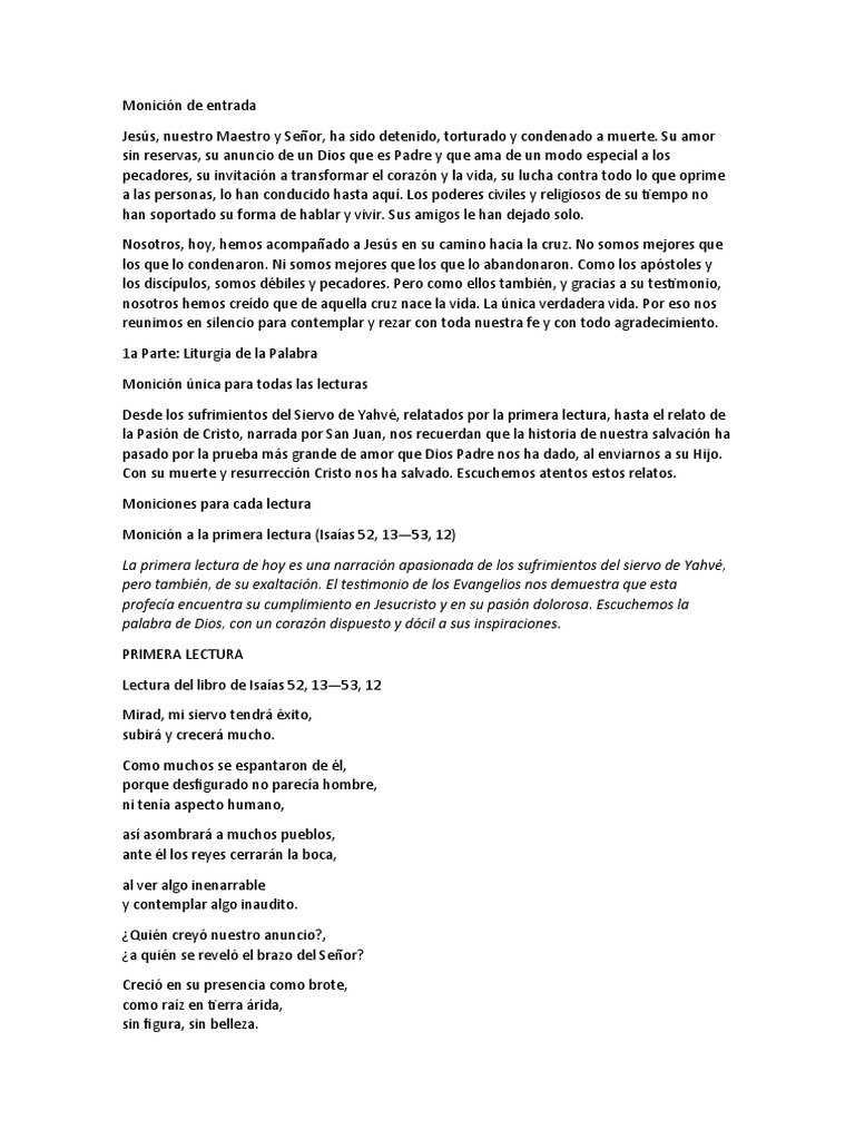 Monición de Entrada Viernes Santo | Descargar gratis PDF | Jesús | Misa (liturgia)