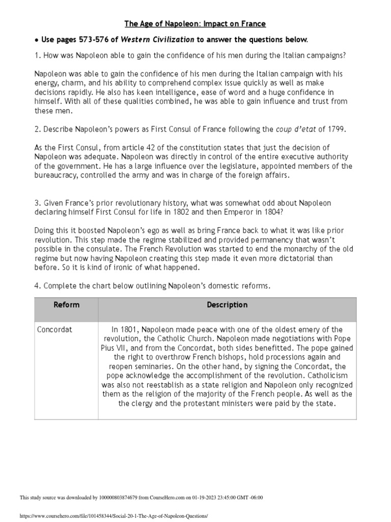 The Age of Napoleon Questions Stephanie PDF | PDF | Napoleon | First ...