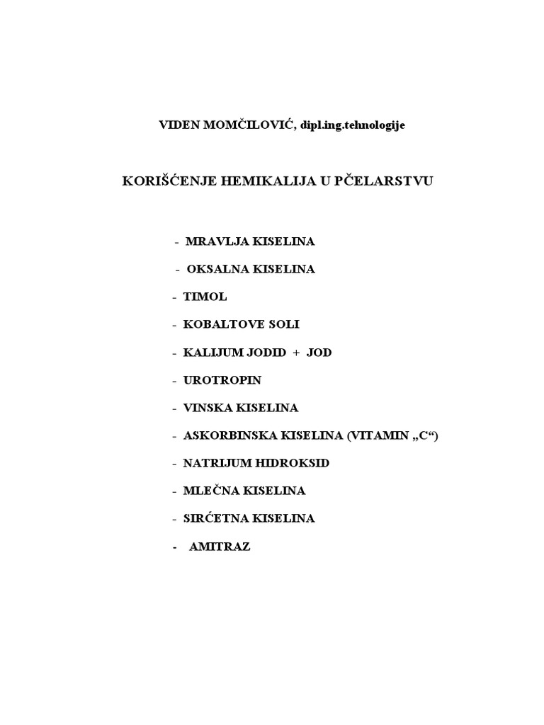 Hemikalije Koje Se Koriste U Pčelarstvu | PDF