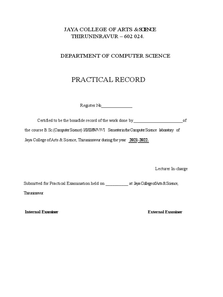 Practical Record: Jaya College of Arts &science THIRUNINRAVUR - 602 024 ...