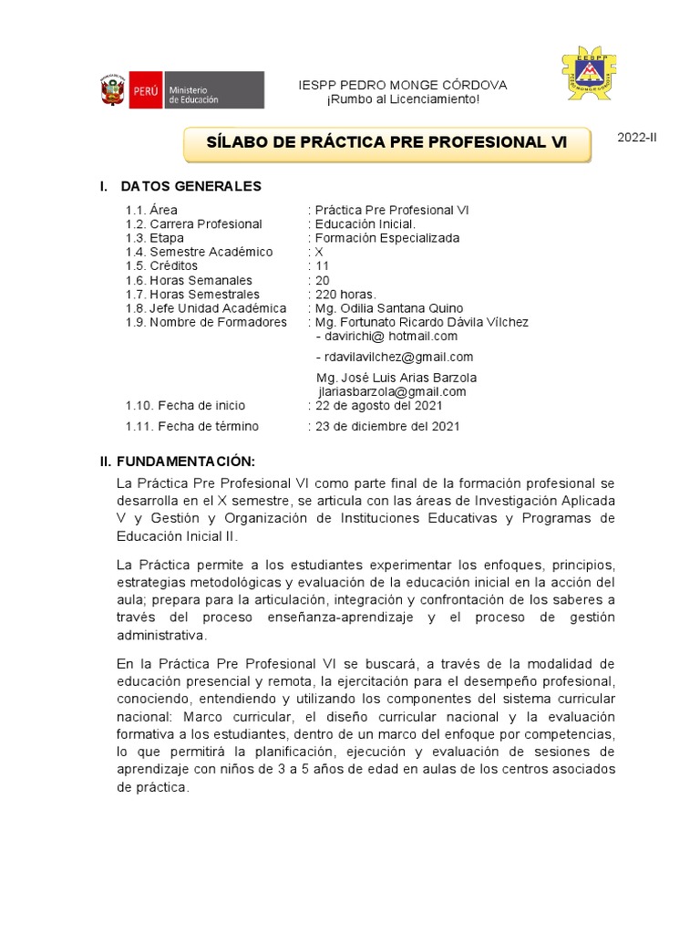 Silabo Practica Pre Profesional Vi 2022 II | PDF | Evaluación | Aprendizaje