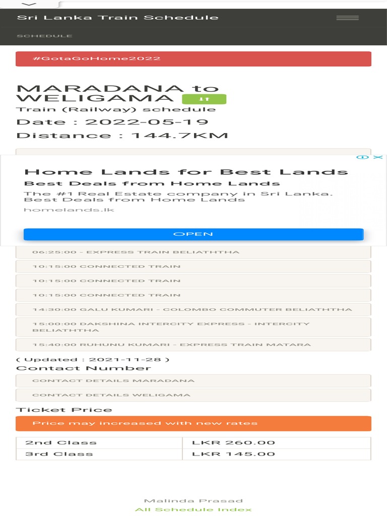 Maradana To Weligama: Date: 2022-05-19 Distance: 144.7KM | PDF