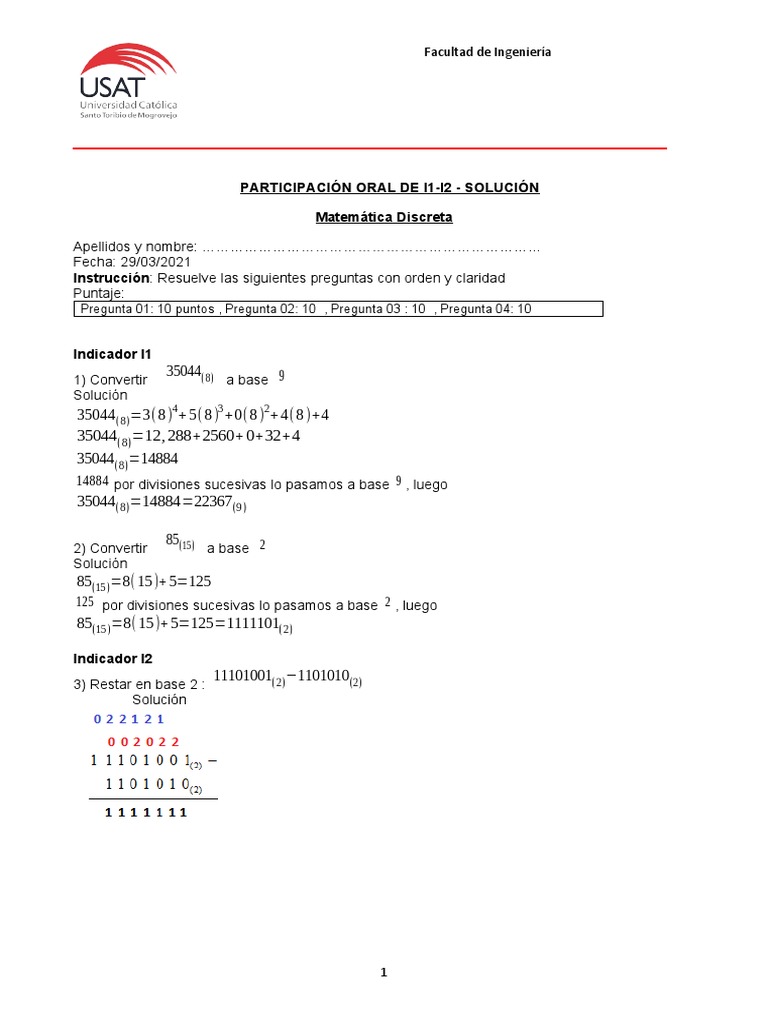 Matemática Discreta: Pregunta 01: 10 Puntos, Pregunta 02: 10, Pregunta 03: 10, Pregunta 04: 10 | PDF