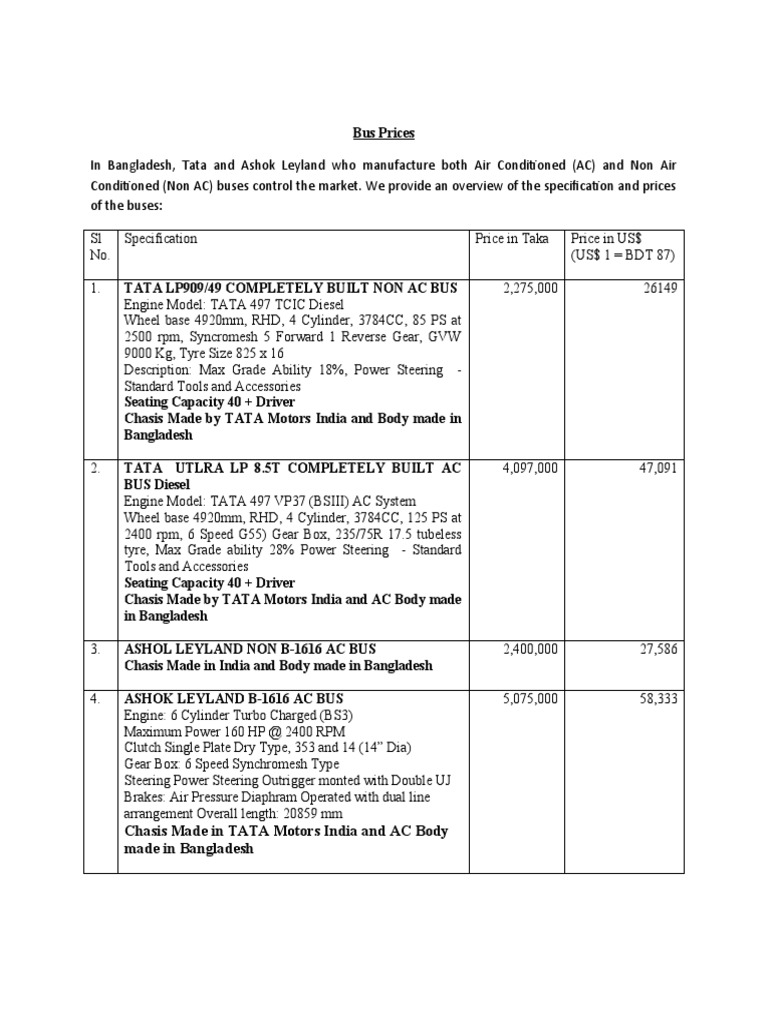 Bus Price Overview in Bangladesh | PDF
