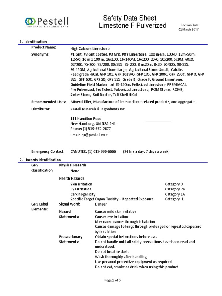 High Calcium Limestone Safety Data Sheet | PDF | Toxicity | Hazardous Waste