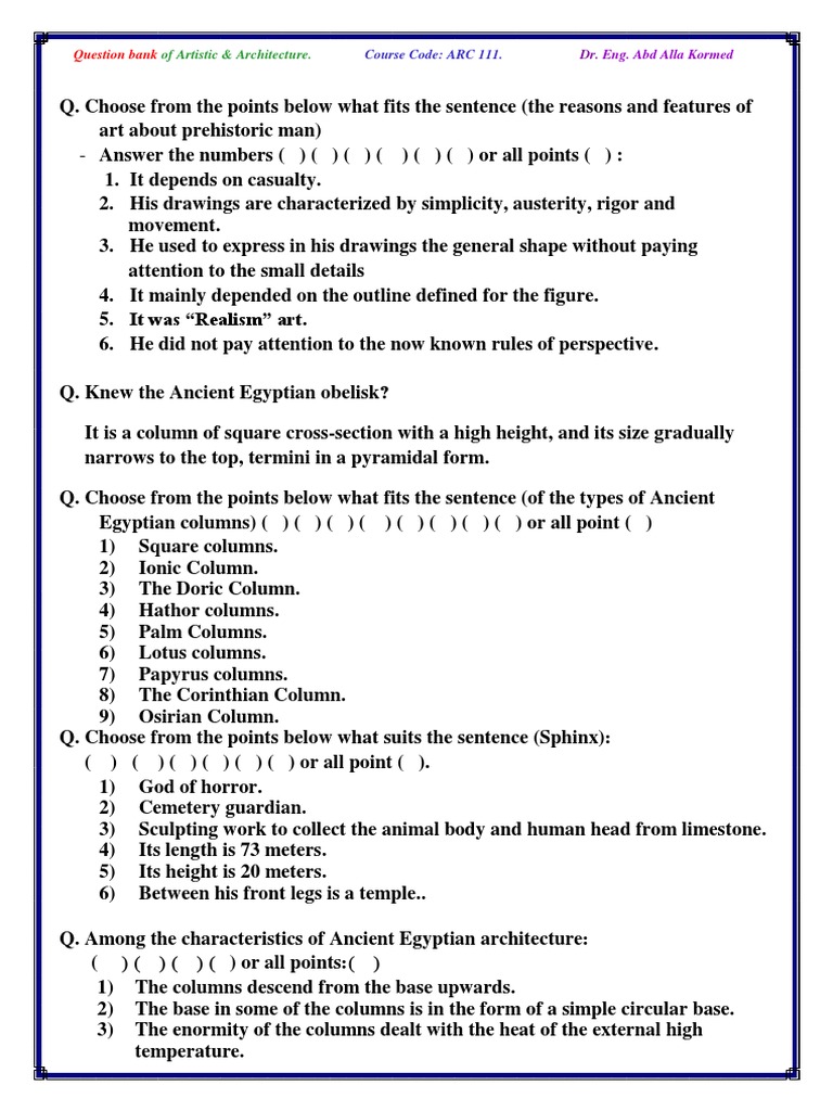 Artistic & Architecture Question Bank ARC 111 | PDF