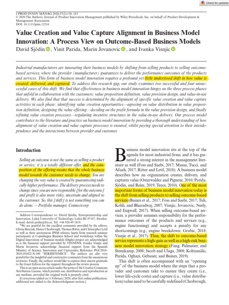 Value Creation and Value Capture Alignment in Business Model Innovation: A Process View On ...