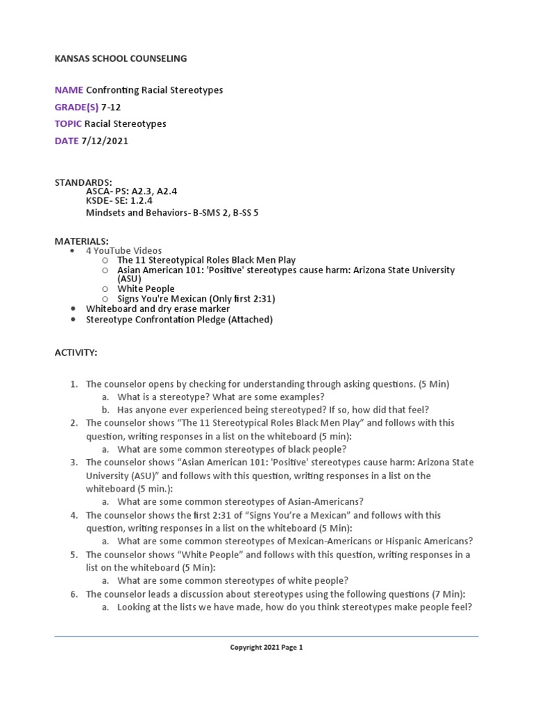 Confronting Racial Stereotypes Lesson Plan | PDF | School Counselor ...