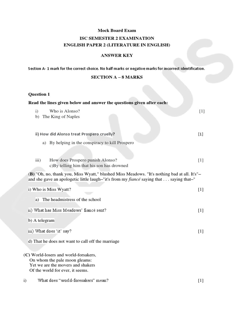 ISC Class 12 English Literature Solution For Term 2 Exam 2021 22 | PDF | The Tempest