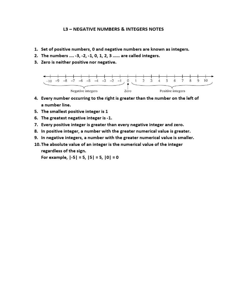 L3 - Negative Numbers & Integers Notes | PDF